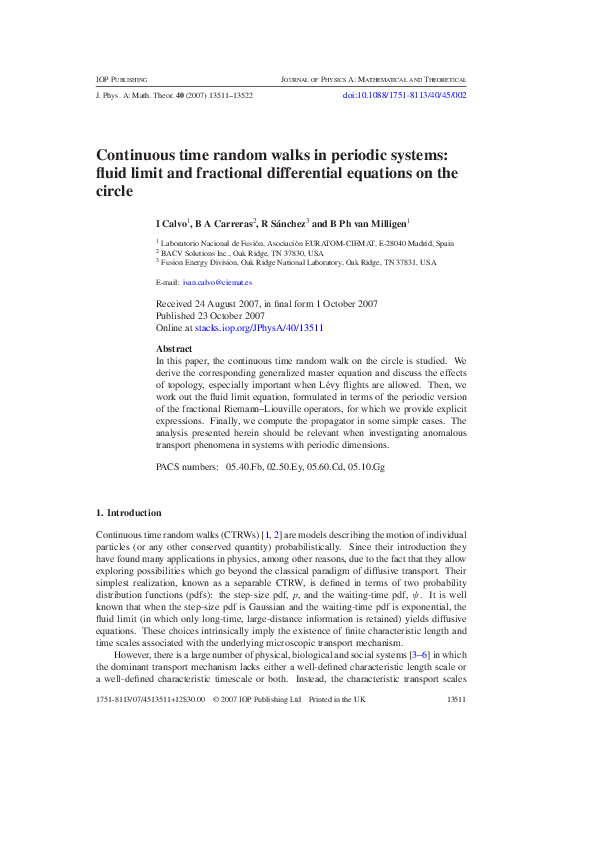(PDF) Continuous time random walks in periodic systems: fluid limit and fractional differential ...