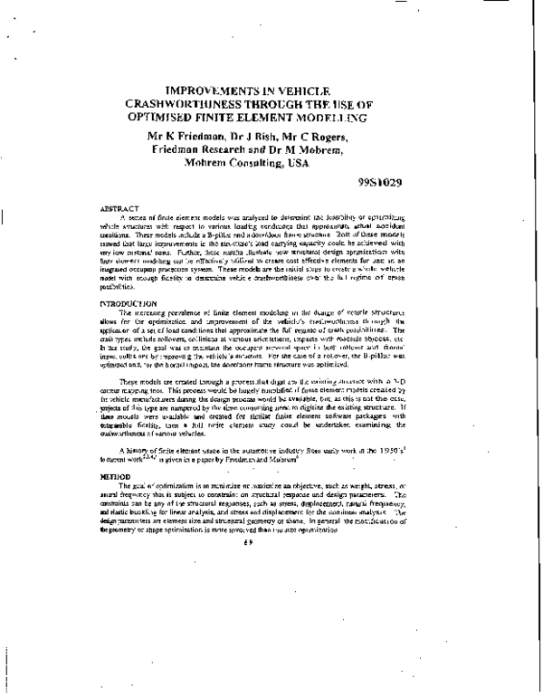 Pdf Improvements In Vehicle Crashworthiness Through The Use Of Optimized Finite Element Modeling