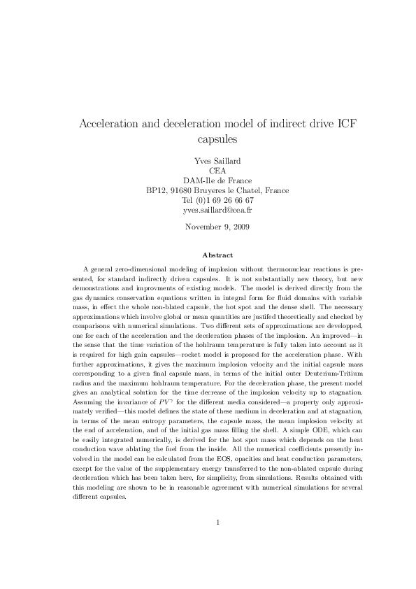 (PDF) Acceleration and deceleration model of indirect drive ICF capsules