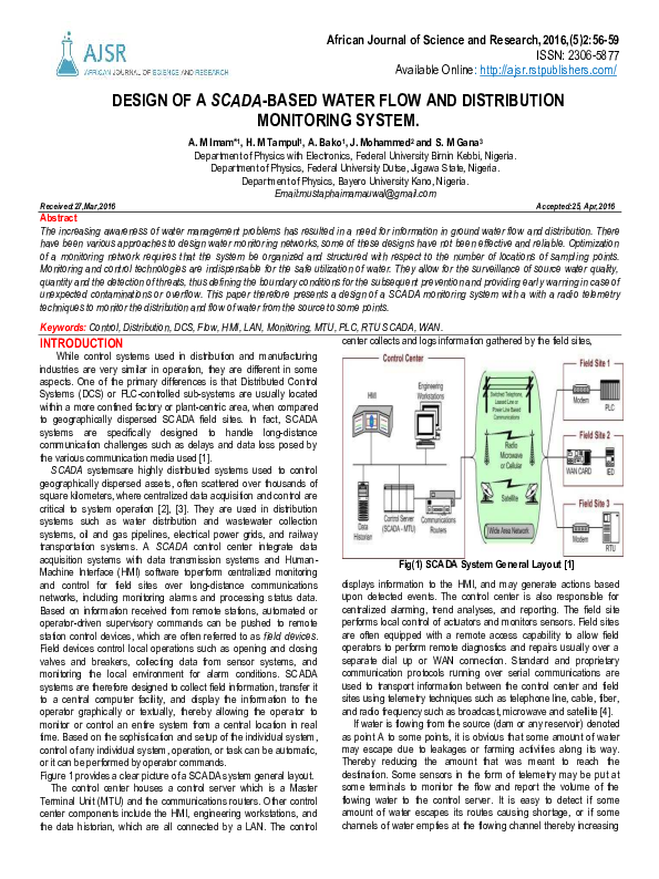 (PDF) DESIGN OF A SCADA-BASED WATER FLOW AND DISTRIBUTION MONITORING SYSTEM