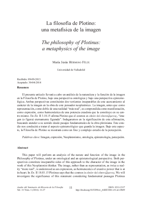 (PDF) La filosofía de Plotino: una metafísica de la imagen