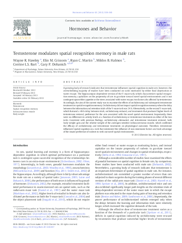 (PDF) Testosterone modulates spatial recognition memory in male rats