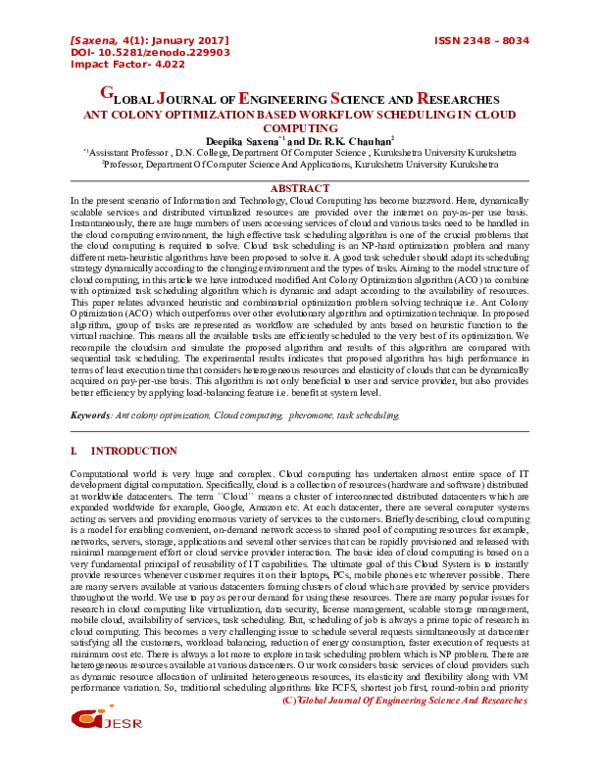 Ant Colony Optimization Based Workflow Scheduling In Cloud Computing