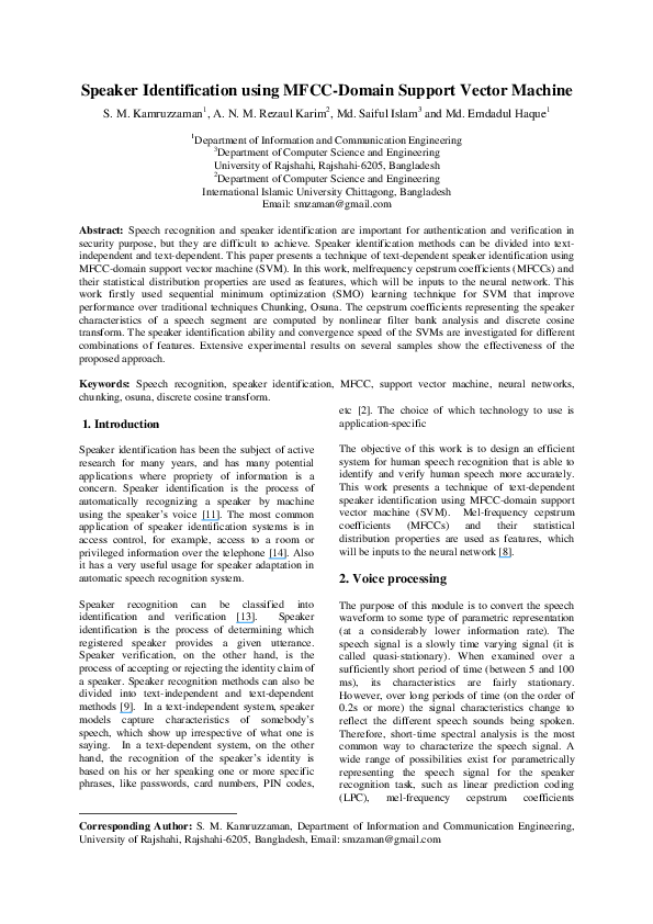 Pdf Speaker Identification Using Mfcc Domain Support Vector Machine