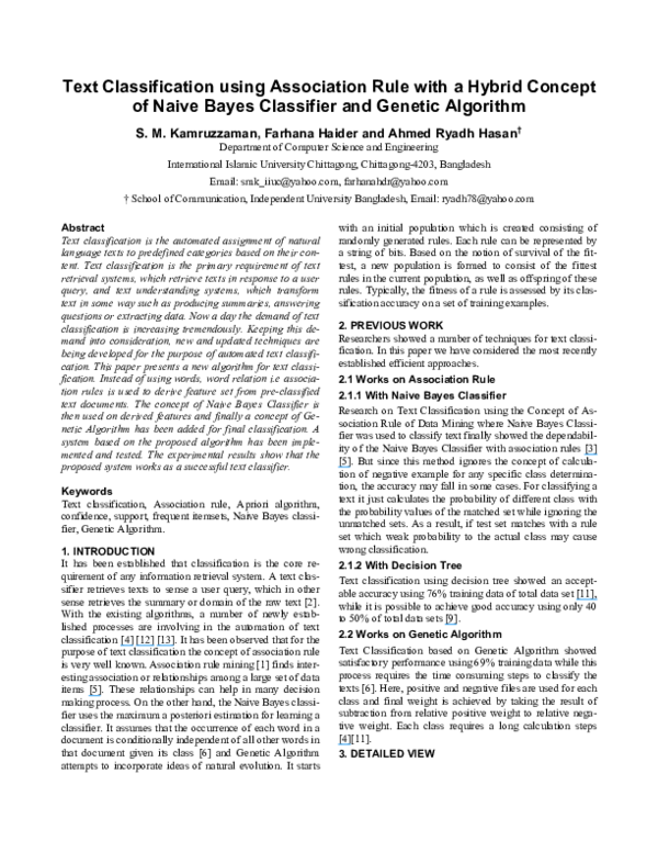 Pdf Text Classification Using Association Rule With A Hybrid Concept Of Naive Bayes Classifier