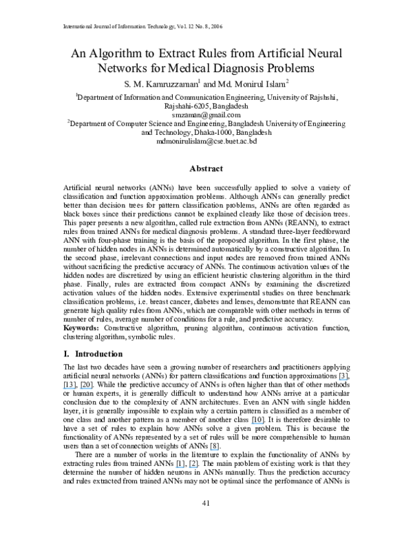 (PDF) An Algorithm to Extract Rules From Artificial Neural Networks for Medical Diagnosis Problems