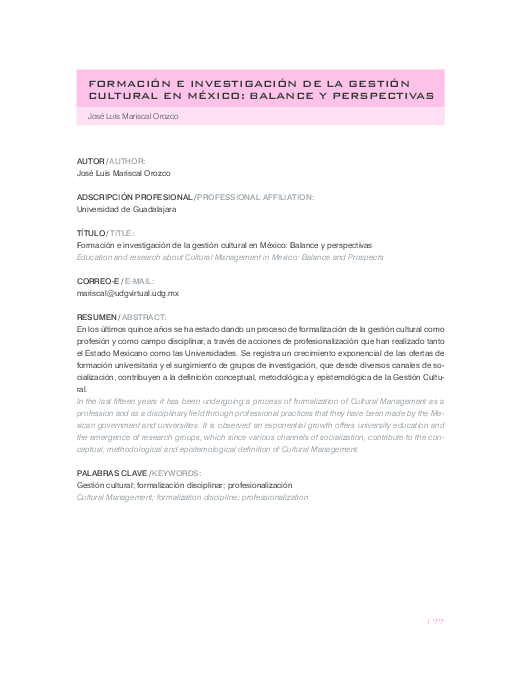 (PDF) Formación e investigación de la gestión cultural en México ...
