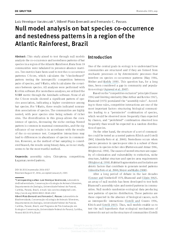 (PDF) Null model analysis on bat species co-occurrence and nestedness patterns in a region of ...