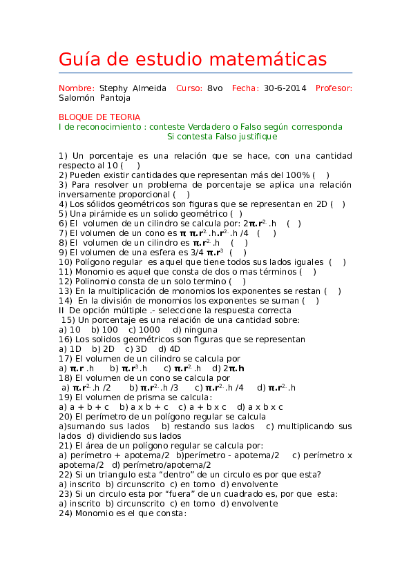 (DOC) Guía de estudio matemáticas