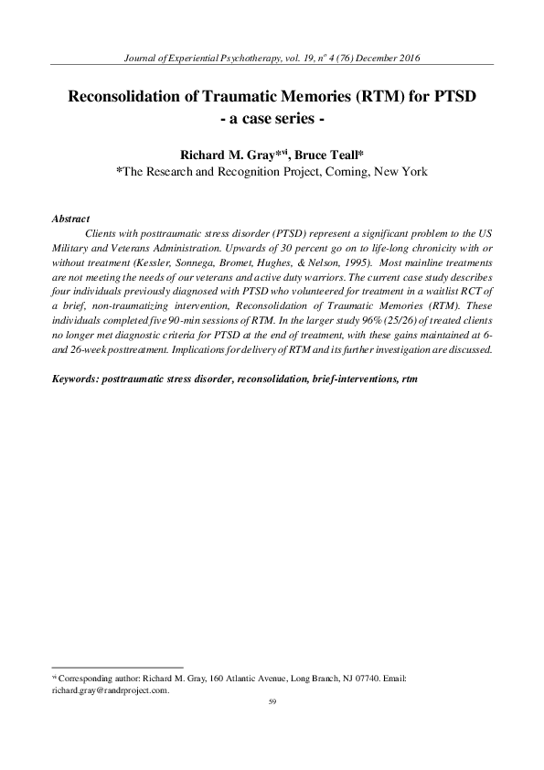 (PDF) Reconsolidation of Traumatic Memories (RTM) for PTSD -a case series
