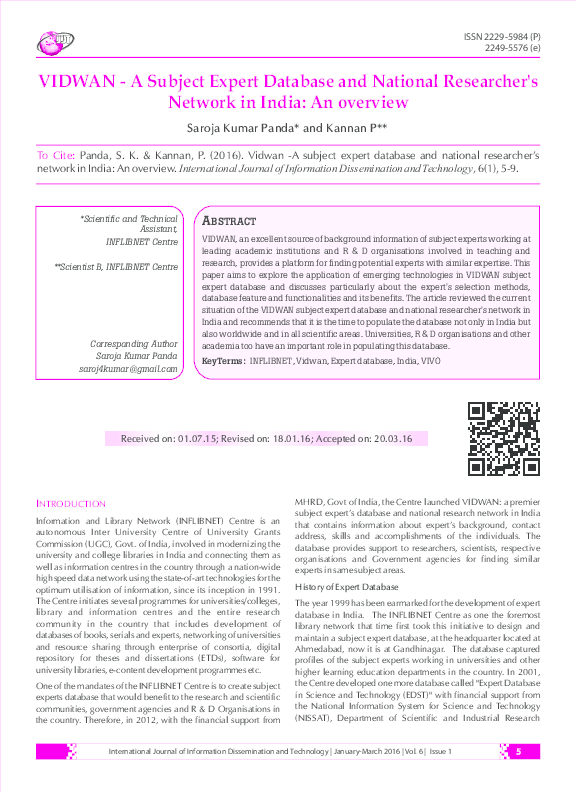 (PDF) Vidwan-A subject expert database and national researcher's ...