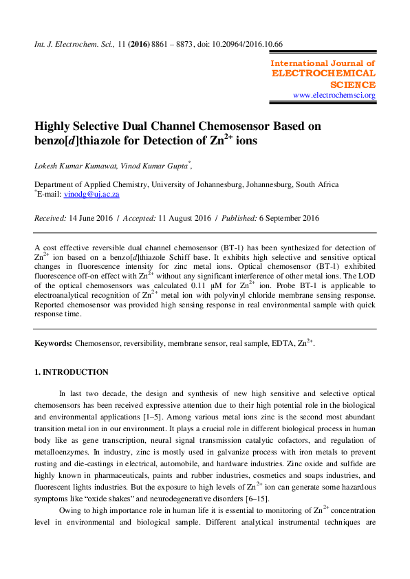 (PDF) Highly Selective Dual Channel Chemosensor Based on benzo[d]thiazole for Detection of Zn 2 ...