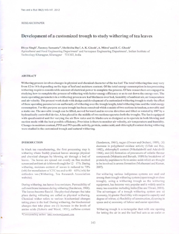 (PDF) Development of a customized trough to study withering of tea leaves