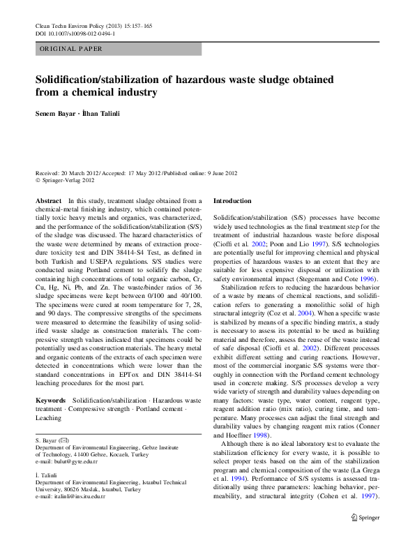 (PDF) Solidification/stabilization of hazardous waste sludge obtained ...
