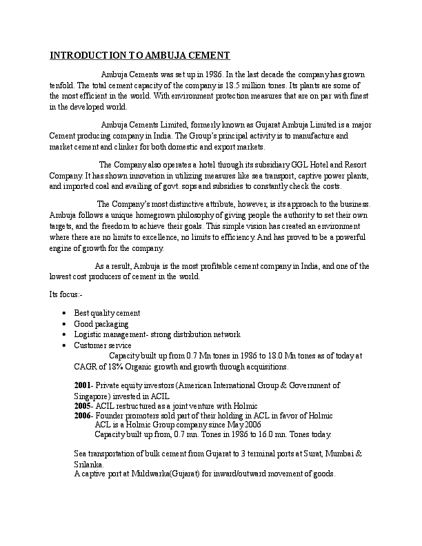 (DOC) INTRODUCTION TO AMBUJA CEMENT