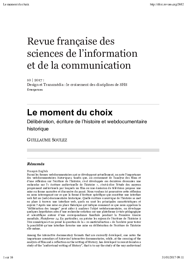(PDF) Le moment du choix. Délibération, écriture de l'histoire et webdocumentaire historique ...