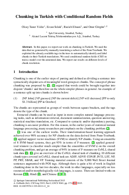 (PDF) Chunking in Turkish with Conditional Random Fields