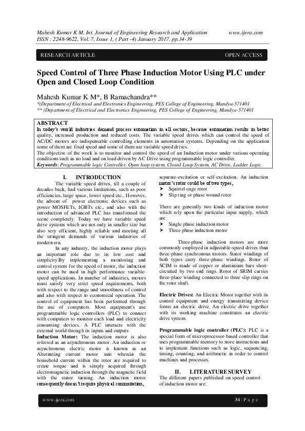 Pdf Speed Control Of Three Phase Induction Motor Using Plc Under Open And Closed Loop Condition