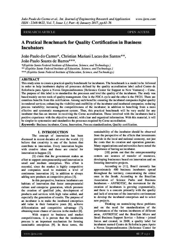 (PDF) A Pratical Benchmark for Quality Certification in Business Incubators
