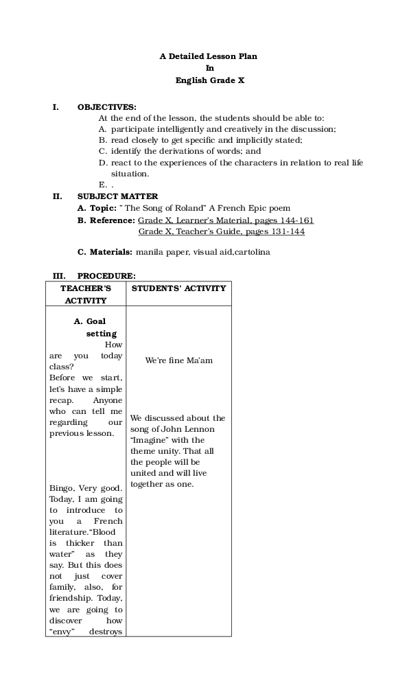 A Detailed Lesson Plan In English For Grade 9 Students Question