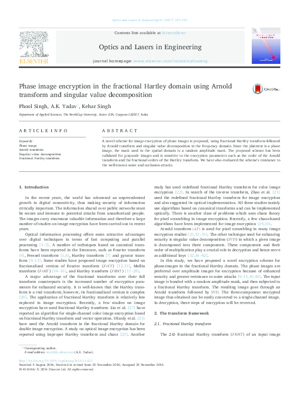 Pdf Phase Image Encryption In The Fractional Hartley Domain Using Arnold Transform And