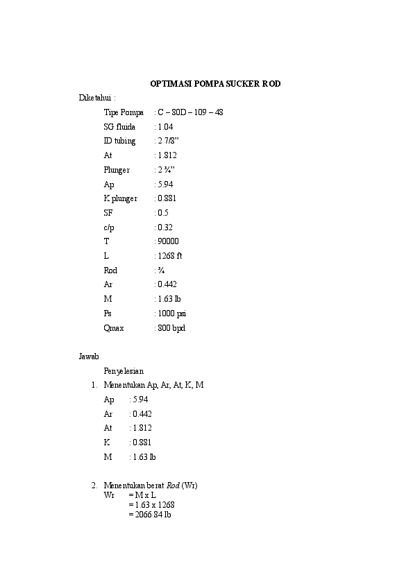 (DOC) Optimasi Pompa Sucker Rod (Contoh soal)