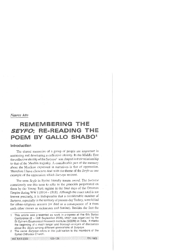 (PDF) Remembering the Seyfo; re-reading the poem by Gallo Shabo