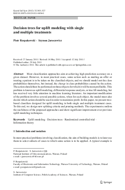 (PDF) Decision trees for uplift modeling with single and multiple treatments