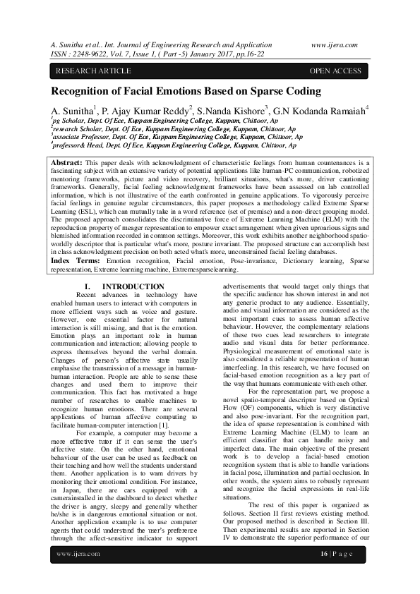 (PDF) Recognition of Facial Emotions Based on Sparse Coding