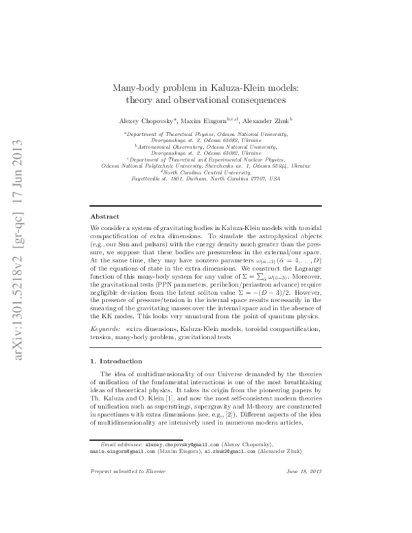 (PDF) Many-body problem in Kaluza-Klein models: theory and ...