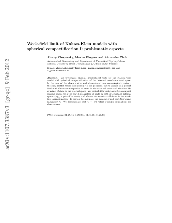 (PDF) Weak-field limit of Kaluza-Klein models with spherical ...