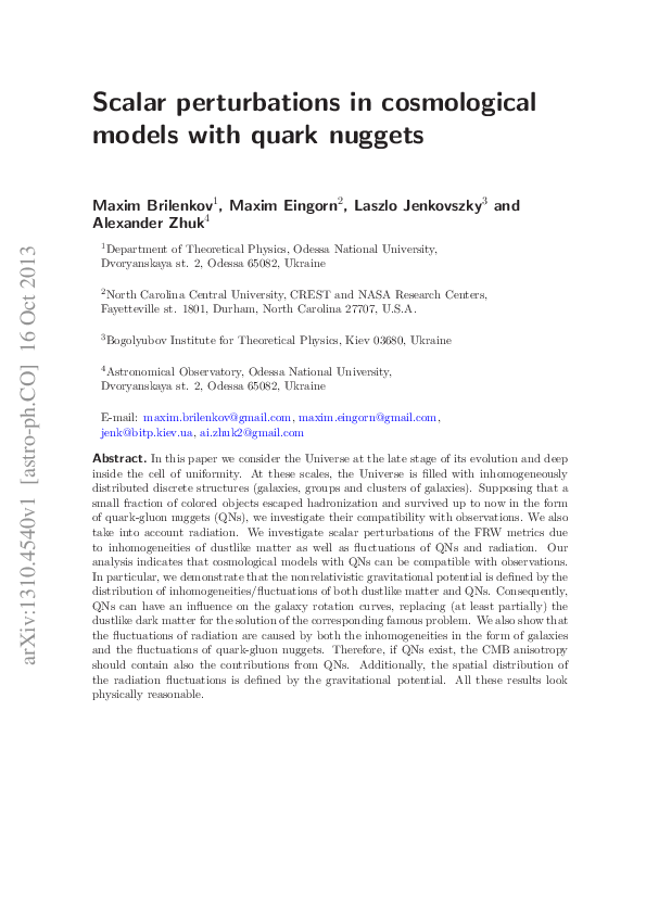 (PDF) Scalar perturbations in cosmological models with quark nuggets