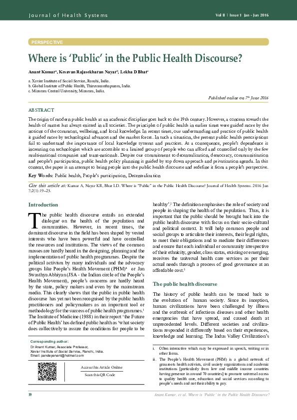 (PDF) Where is ‘Public’ in the Public Health Discourse?
