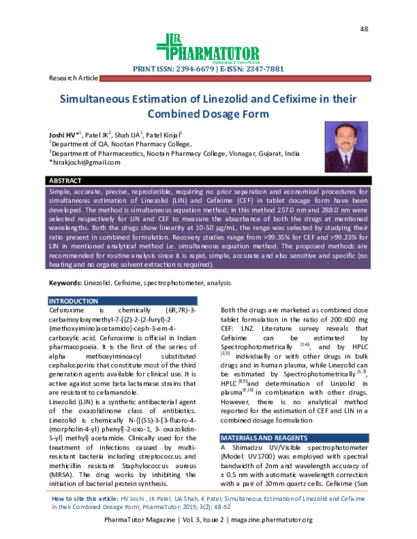 Pdf Simultaneous Estimation Of Linezolid And Cefixime In Their Combined Dosage Form