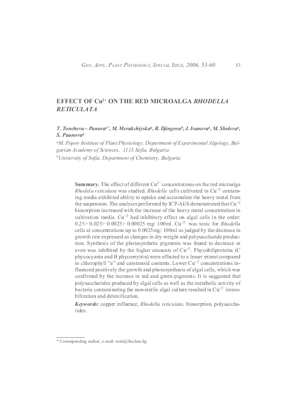 (PDF) EFFECT OF Cu2+ ON THE RED MICROALGA RHODELLA RETICULATA