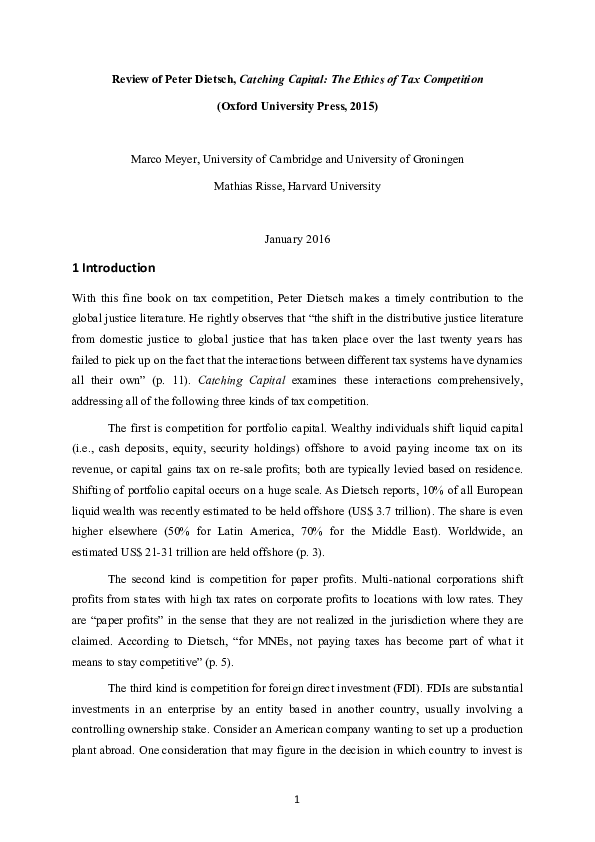 (PDF) Review of Peter Dietsch, Catching Capital: The Ethics of Tax ...