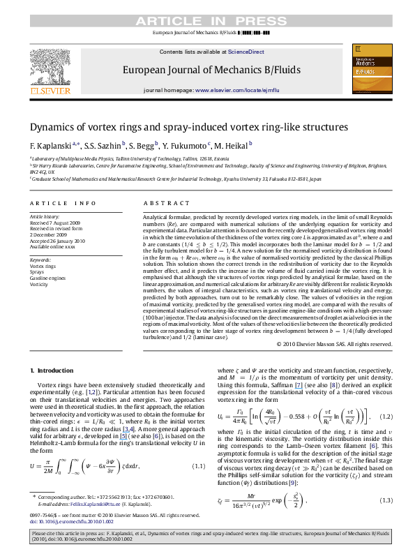 (PDF) Dynamics of vortex rings and spray-induced vortex ring-like ...