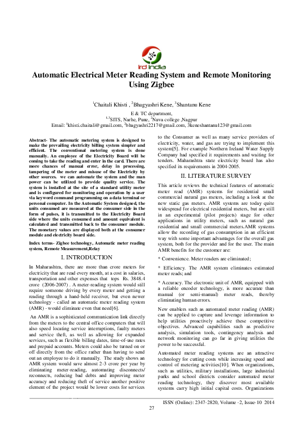 (PDF) Automatic Electrical Meter Reading System and Remote Monitoring Using Zigbee