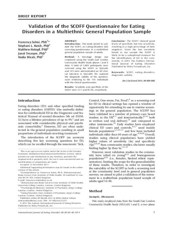 (PDF) Validation of the SCOFF questionnaire for eating disorders in a ...