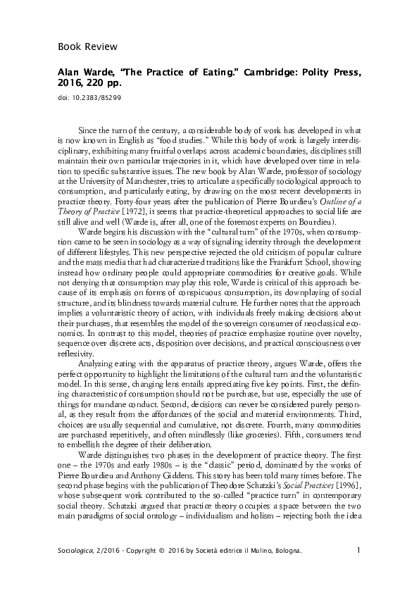Review of: Alan Warde (2016). The Practice of Eating. Cambridge: Polity.