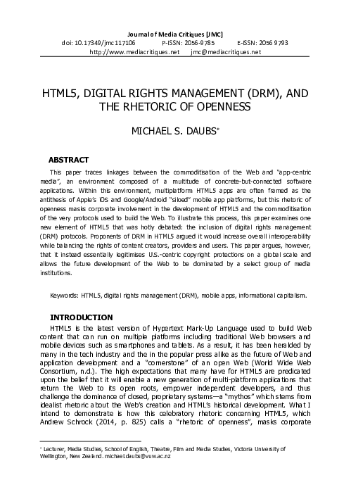 (PDF) HTML5, Digital Rights Management (DRM), and the Rhetoric of Openness