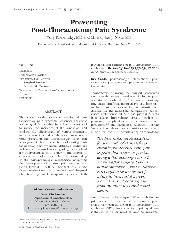 (PDF) Preventing Post-Thoracotomy Pain Syndrome