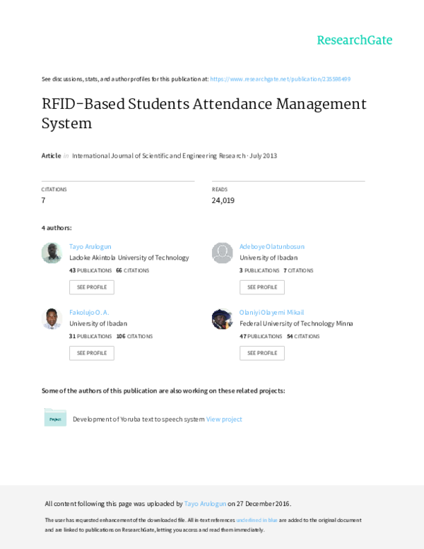(PDF) RFID-Based Students Attendance Management System Development of Yoruba text to speech ...
