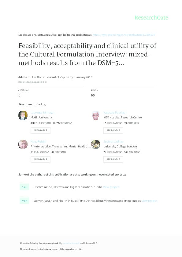 (PDF) Lewis Fernandez et al 2017 Feasibility acceptability and clinical utility of the CFI BJP