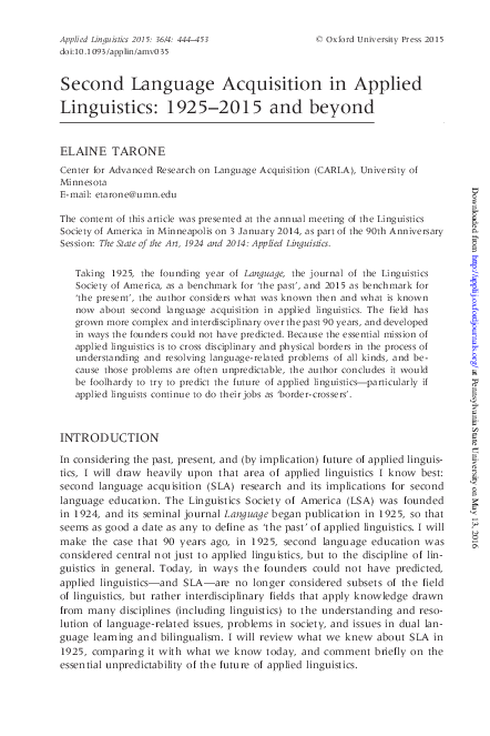(PDF) Second Language Acquisition in Applied Linguistics: 1925–2015 and beyond