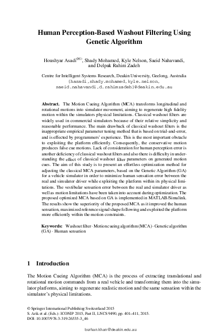 Pdf Human Perception Based Washout Filtering Using Genetic Algorithm