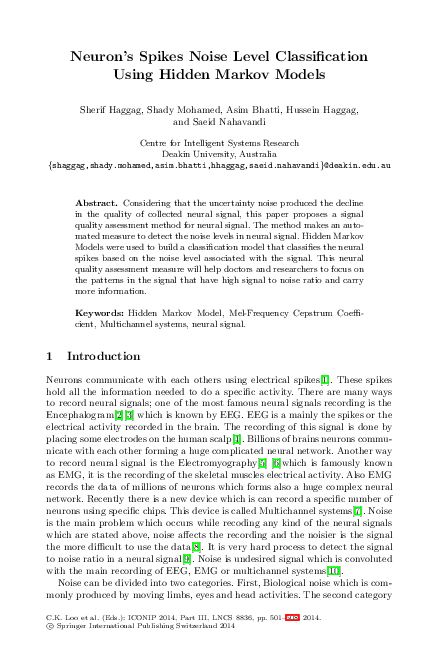 (PDF) Neuron's Spikes Noise Level Classification Using Hidden Markov Models