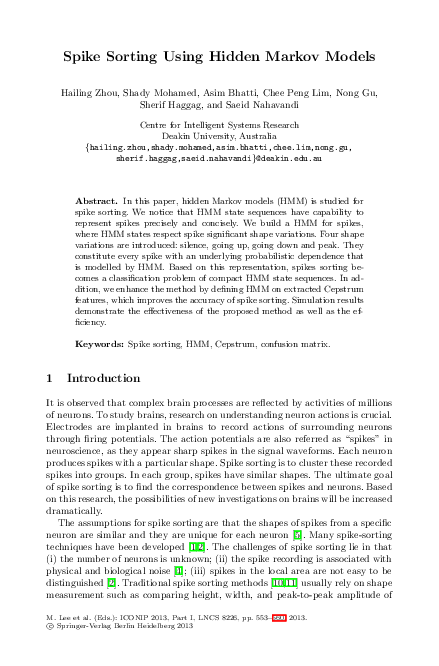 (PDF) Spike Sorting Using Hidden Markov Models