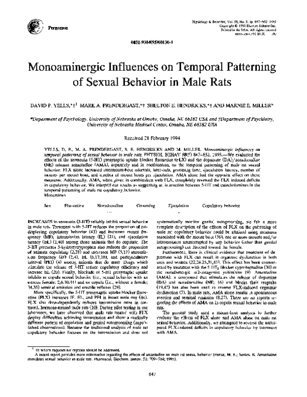 Pdf Monoaminergic Influences On Temporal Patterning Of Sexual Behavior In Male Rats David