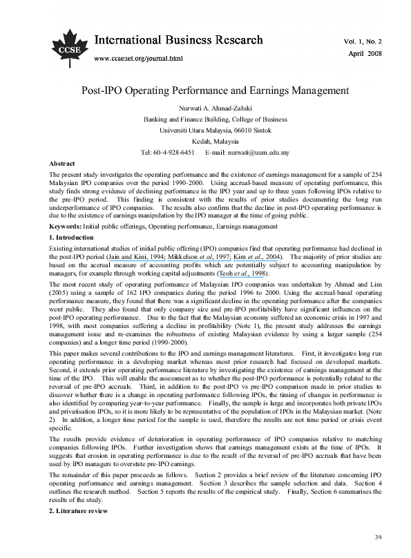 (PDF) Post-IPO Operating Performance and Earnings Management